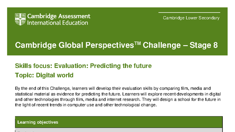 Cambridge Lower Secondary Global Perspectives 78G.01: Predicting the ...