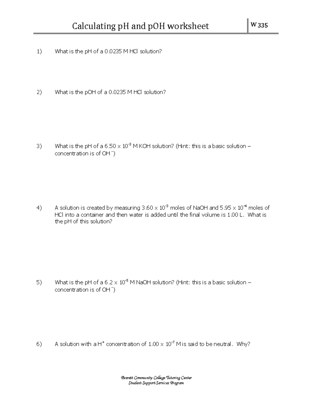 Calculating pH and pOH: Chemistry Worksheet (SCH4U) - Calculating pH ...
