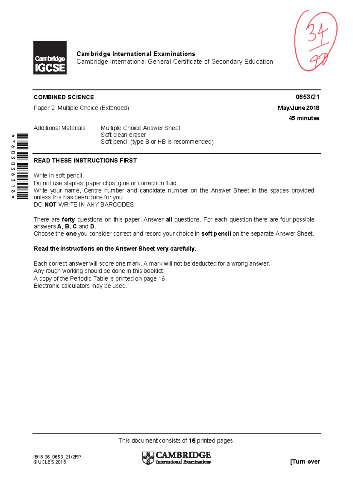 Cambridge IGCSE 0653 Combined Science Paper 2 MCQ (Extended) 2018 - Studocu