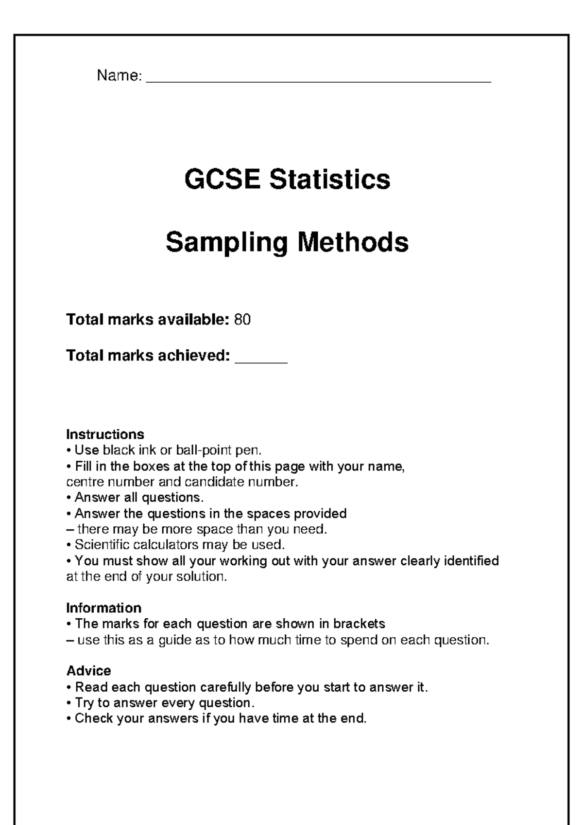GCSE Statistics (Sampling Methods) Exam Questions and Solutions - Studocu