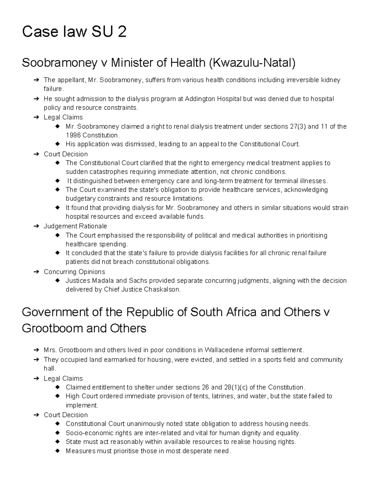 Case Law SU 2 Notes: Soobramoney, Grootboom & Treatment Action Campaign ...