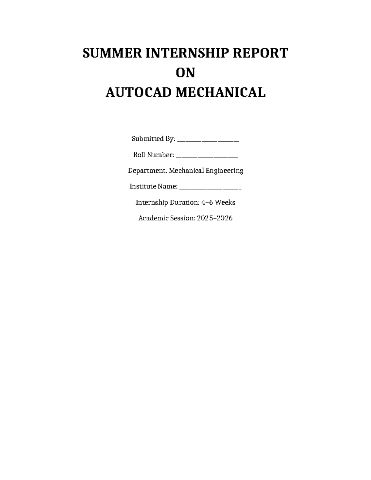 AutoCAD Mechanical Summer Internship Report: Insights & Skills - Studocu