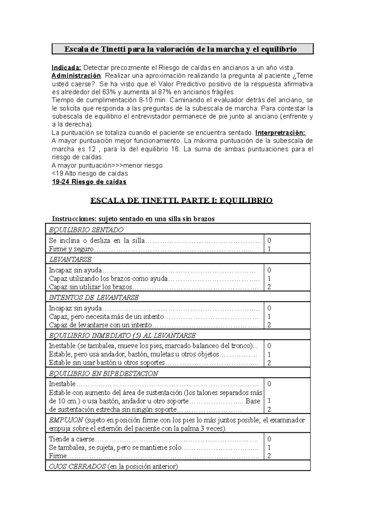 Escala Tinetti: Evaluación de Marcha y Equilibrio en Ancianos - Studocu