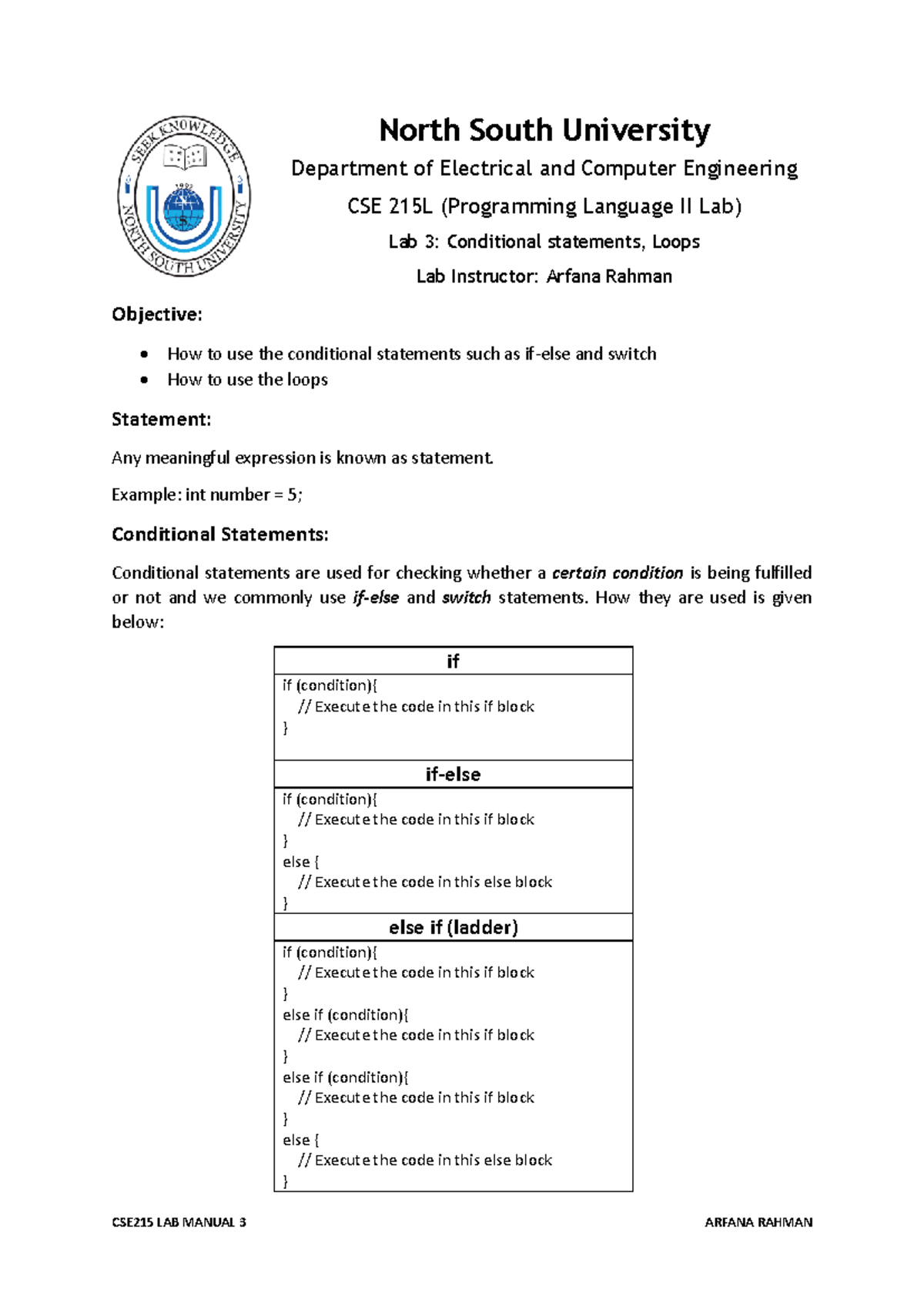 CSE 215L Lab 3: Conditional Statements and Loops Guide - Studocu
