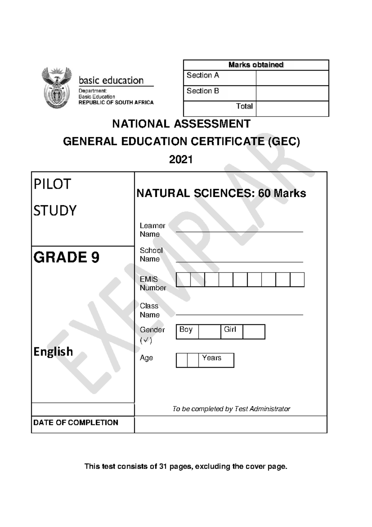 GEC GR 9 NS 2021 TEST - Natural Sciences Question Paper - Studocu