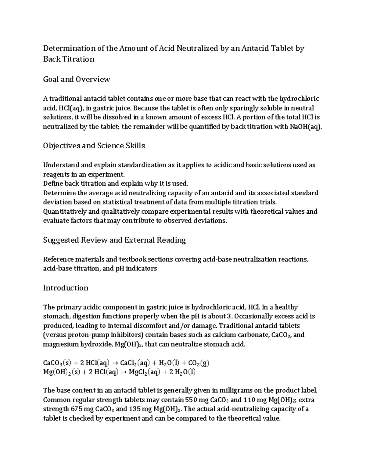 Determination of Acid Neutralization Capacity by Antacid Tablets - Chem ...