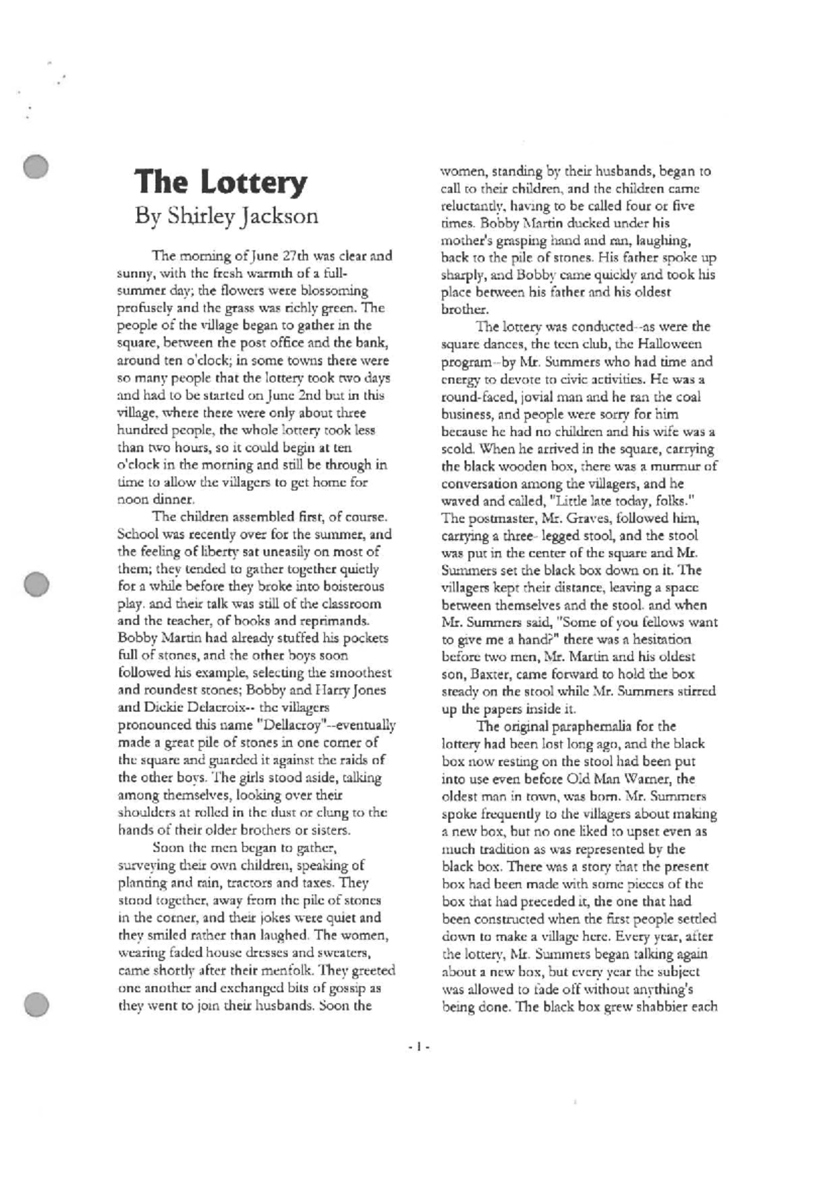 The Lottery: An Analysis of Shirley Jackson's Short Story - Studocu
