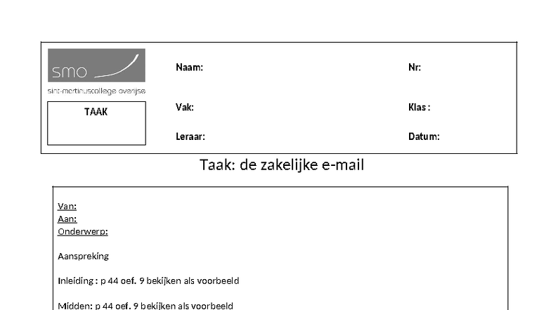 Sjabloon de zakelijke e-mail - Nederlands - Naam: Nr: Vak: Leraar: Klas ...