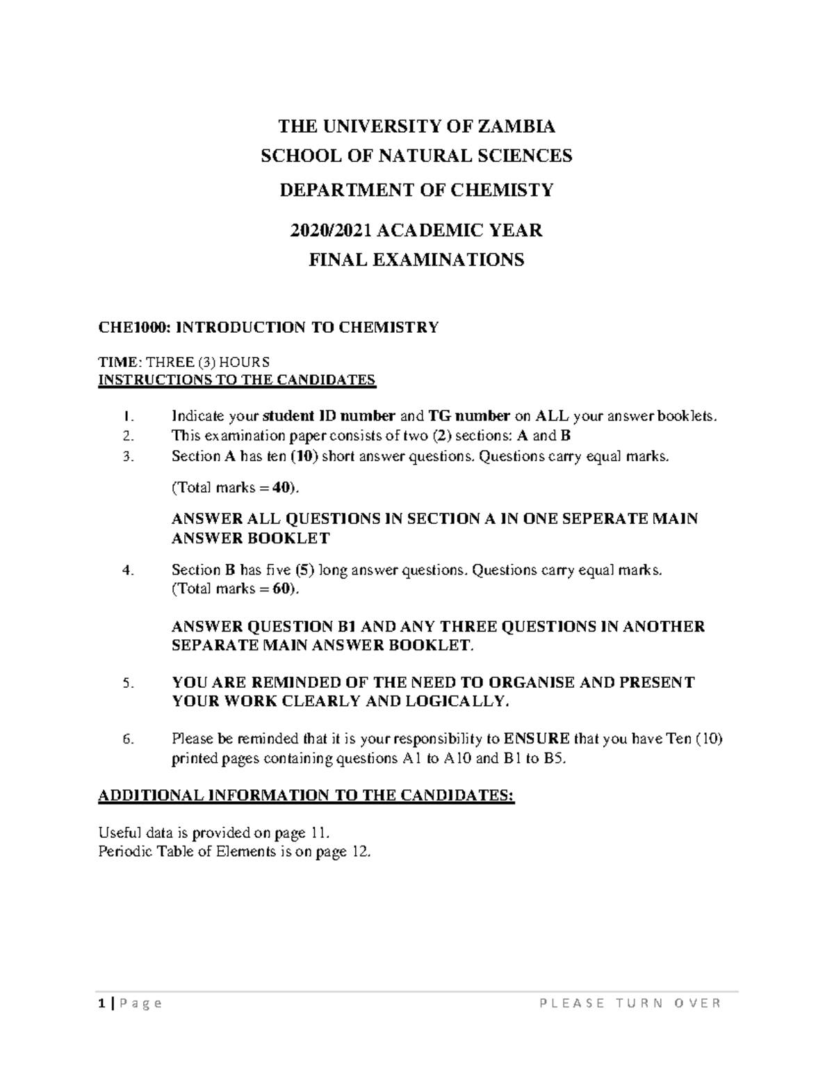 CHE 1000 Final Exam Practice Questions - Introduction to Chemistry ...