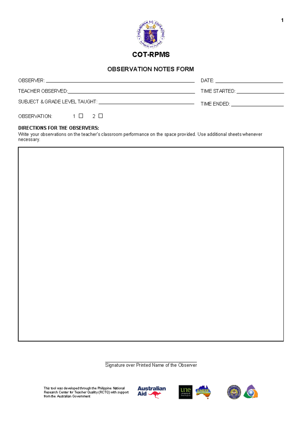 [Appendix 3E] COT-RPMS Observation Notes Form - COT-RPMS OBSERVATION ...