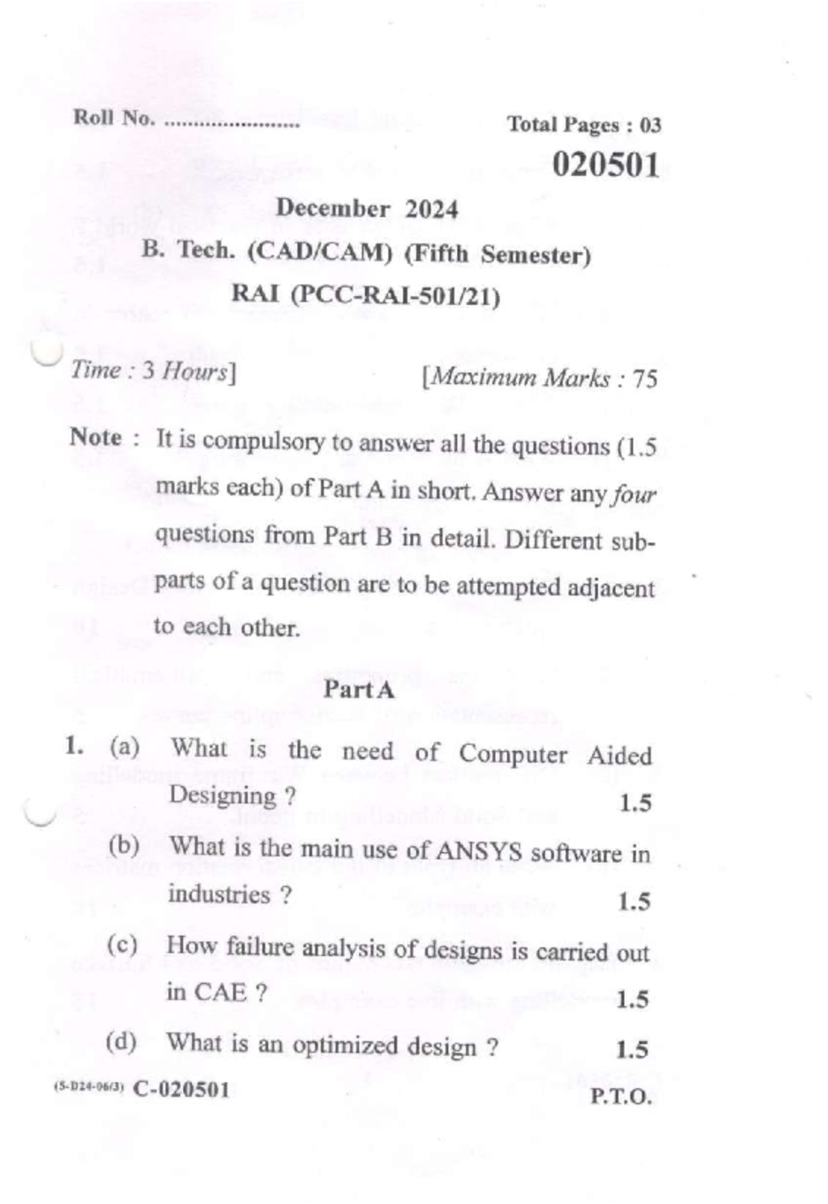 Ymca cad cam 2024 - Important notes - Roll No. Total Pages : 03 020501 ...