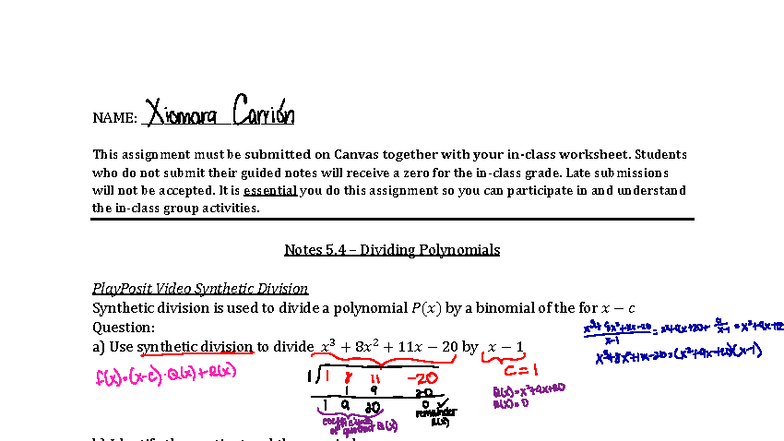 Fall 2024 Pre-Class 3: Guided Notes on Polynomial Division and Rational ...