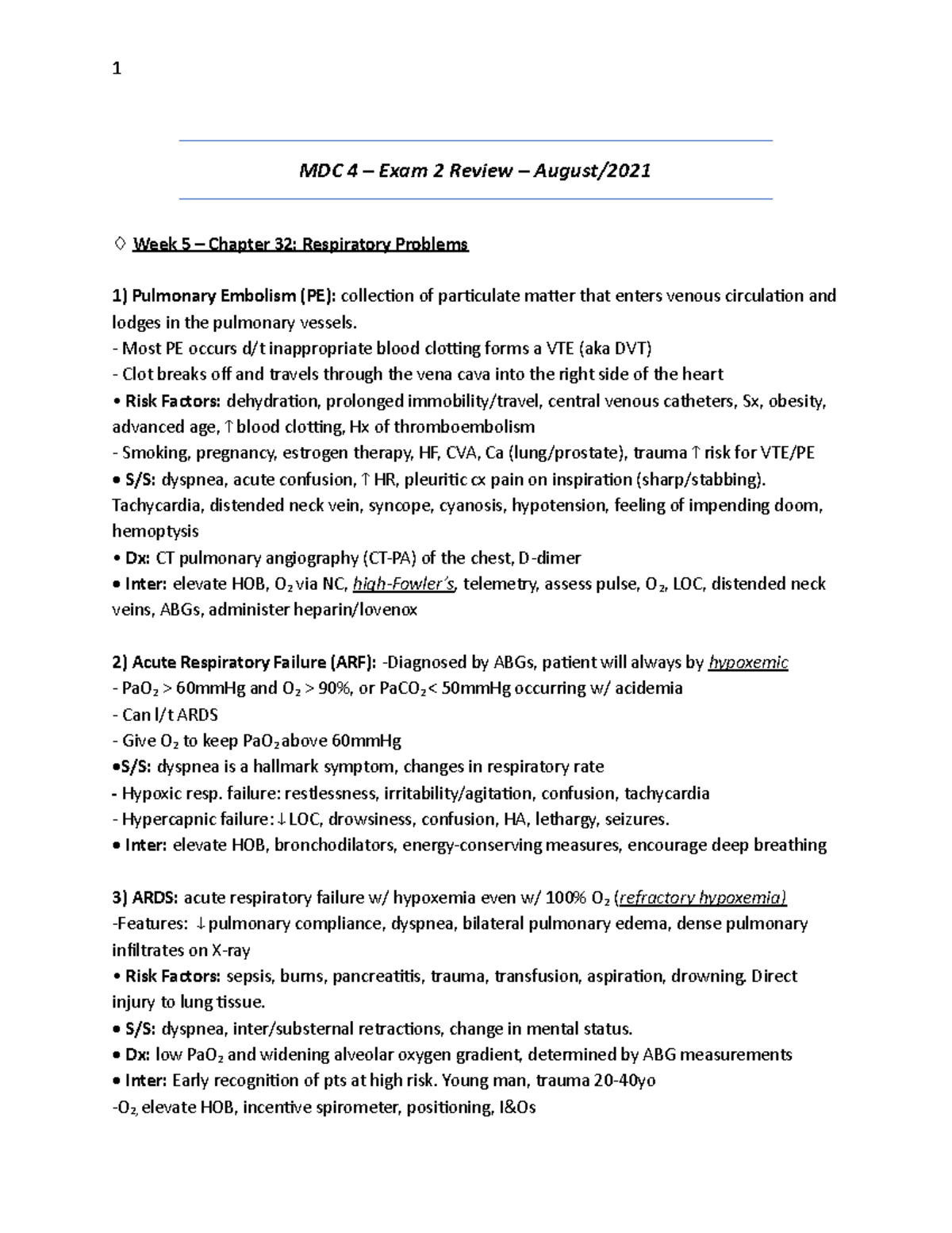 MDC 4 - Exam 2 - Comprehensive Lecture Notes on Respiratory Issues ...