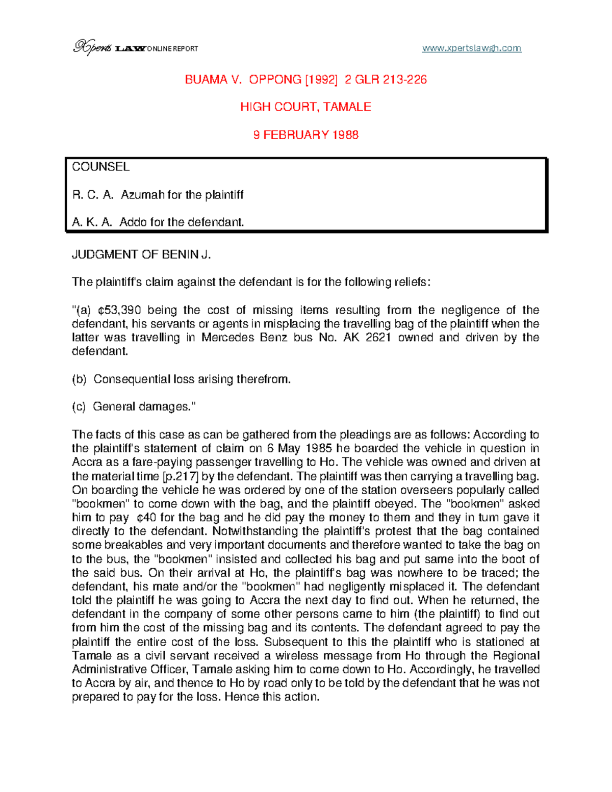 Buama V. Oppong [1992] 2 GLR 213-226 - Case Summary and Analysis - Studocu