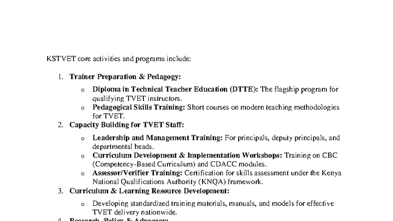 KSTVET Core Activities & Programs Overview - Studocu