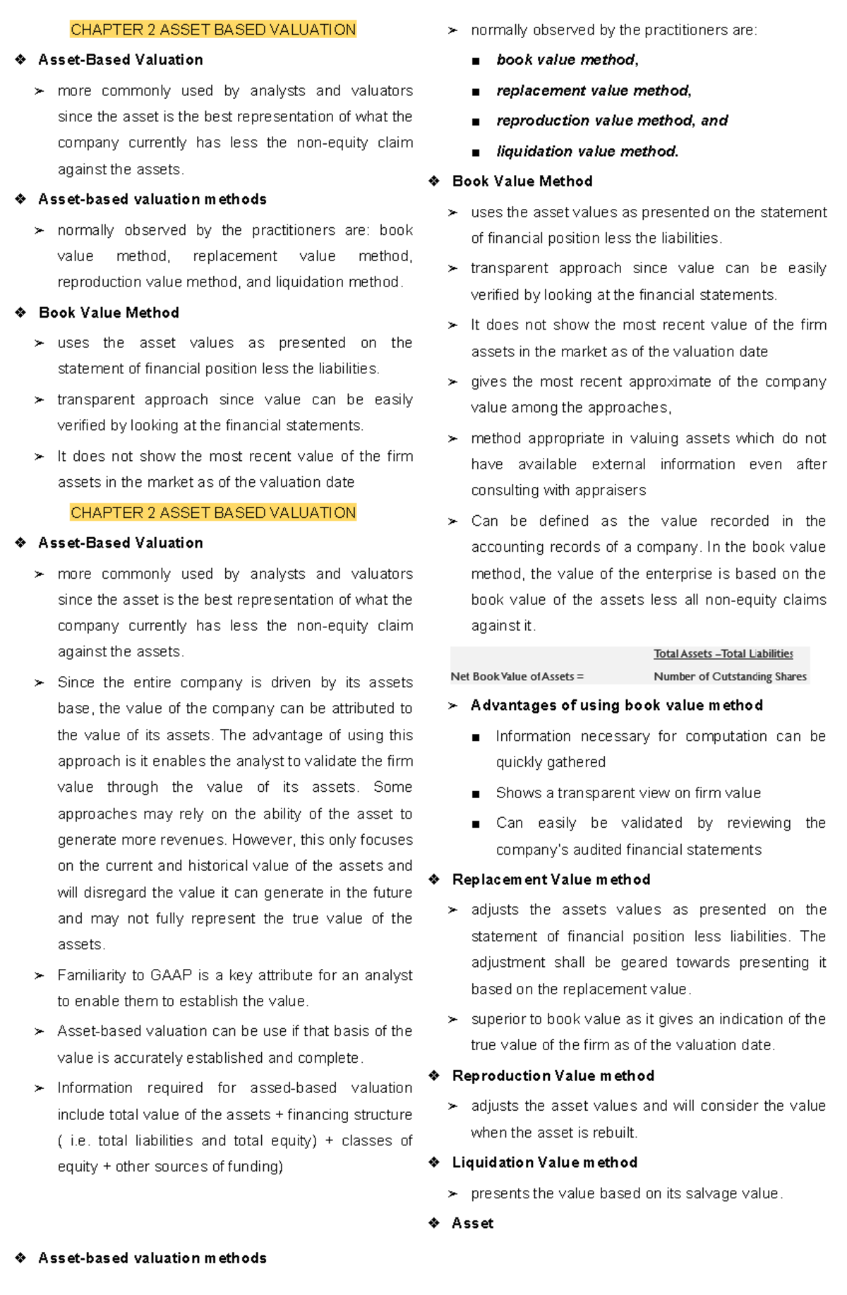 VAL Chapt 2 - Asset-Based Valuation Review Notes - Studocu