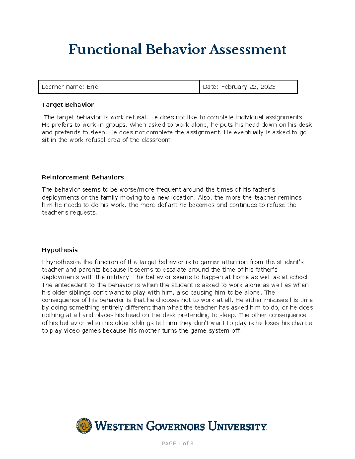 FBA BIP Form: Functional Behavior Assessment & Intervention Plan - Studocu
