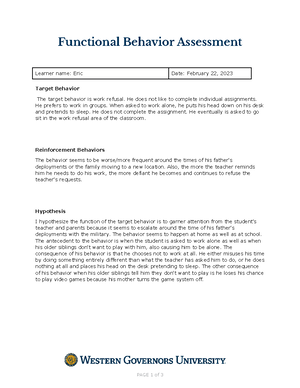 Functional Behavior Assessment - Task 1 D229: FBA Functional Behavioral ...
