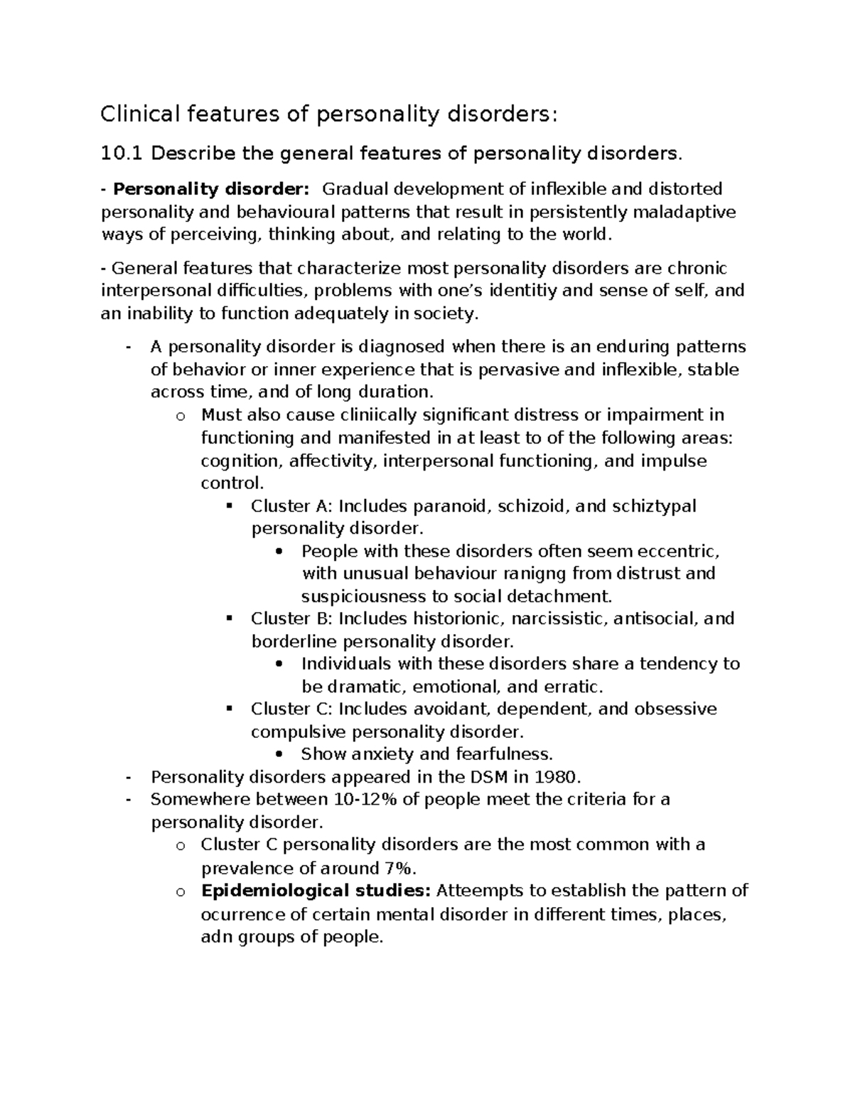 Chapter 10 Lecture Notes - Clinical features of personality disorders ...
