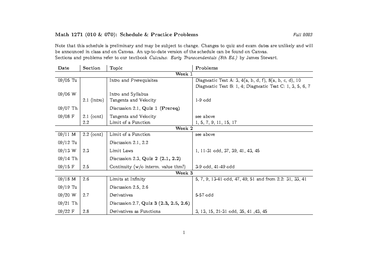 Math 1271 Fall 2023 Schedule & Practice Problems Overview - Studocu