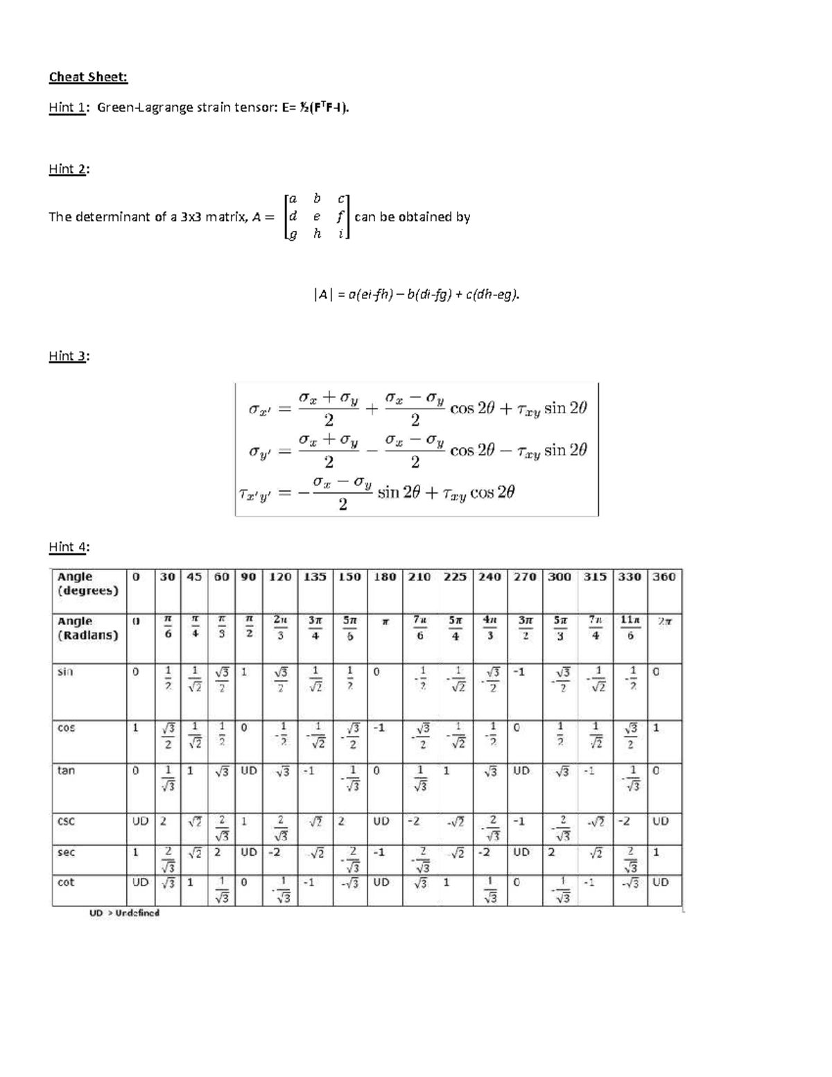 Final Exam Cheat Sheet: Strain Tensor & Matrix Determinants 2021-2022 ...