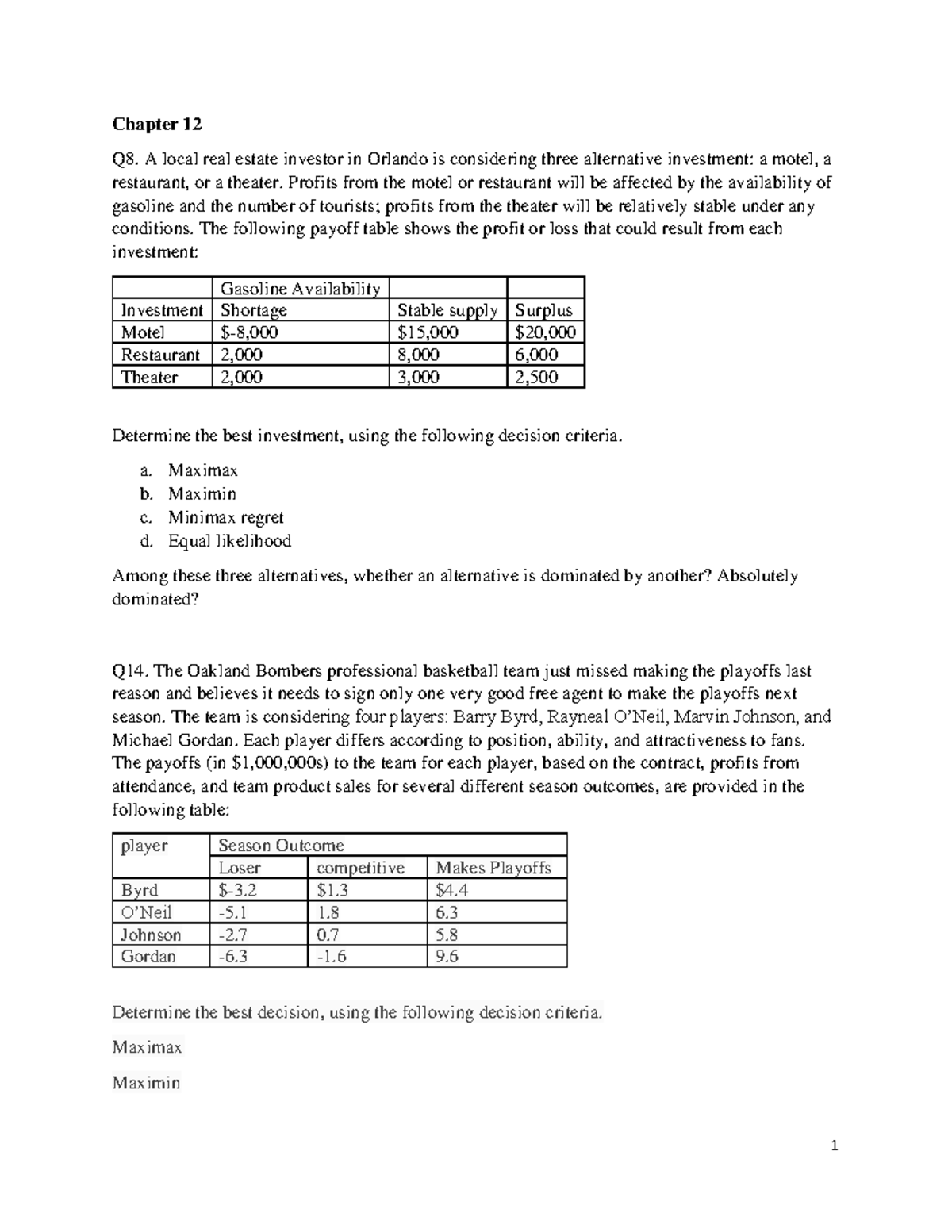 BU275 Decision Analysis: Chapter 12 Practice Problems & Solutions - Studocu