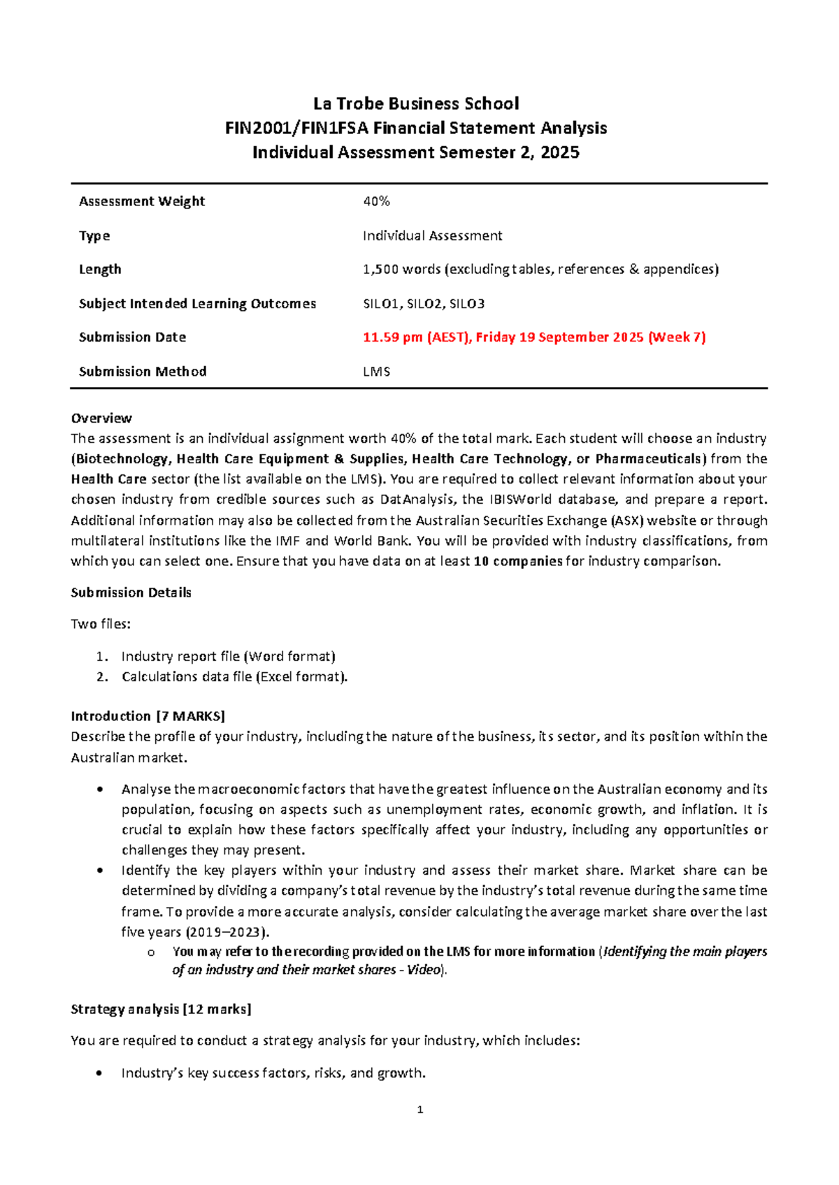 Financial Statement Analysis Individual Assessment (BUSN200) - S2 2025 ...