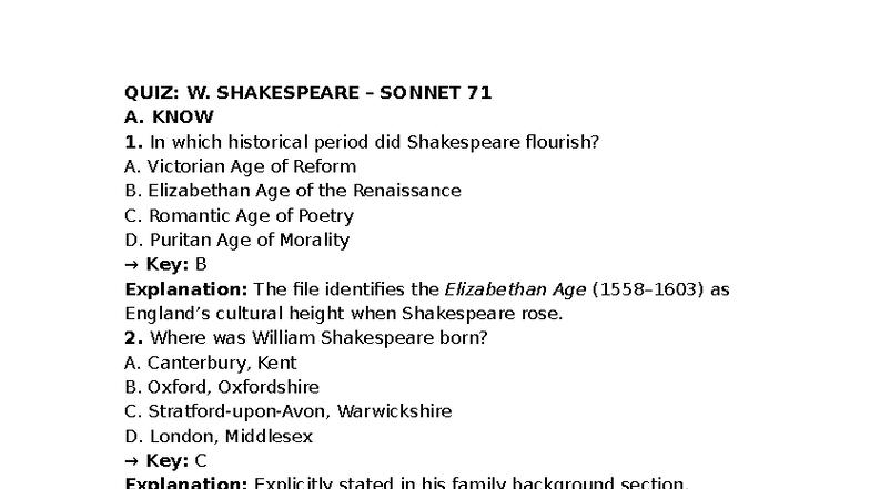 QUIZ: W. SHAKESPEARE SONNET 71 - Key Concepts and Analysis - Studocu