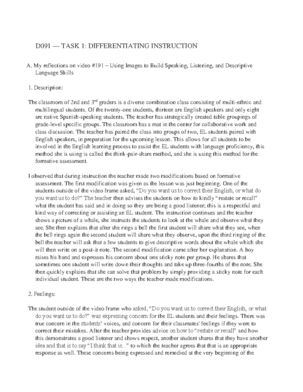 D091 Task 1 - Passed on the first submission. - D 091 — TASK 1: DIFFERENTIATING INSTRUCTION A ...