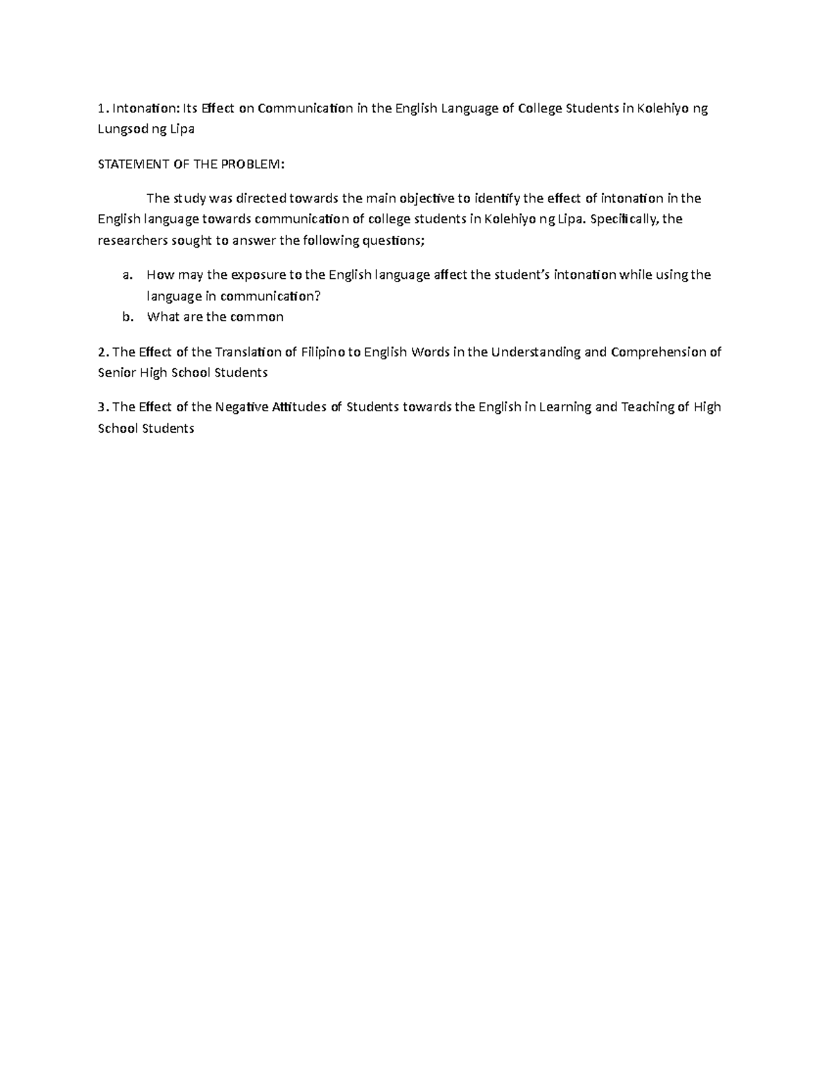 Research Titles and SOP for Random Research Topics in ELT - Studocu