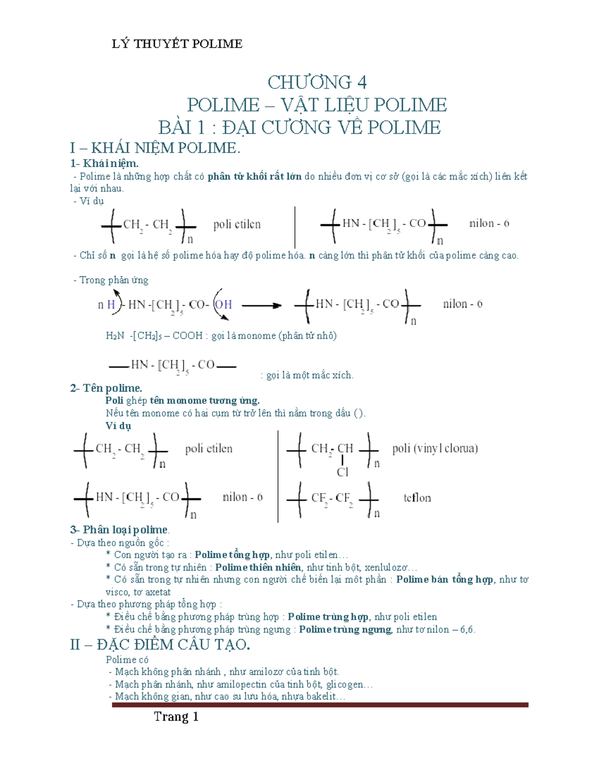 4-LY Thuyet Polime - CHƯƠNG 4 POLIME – VẬT LIỆU POLIME BÀI 1 : ĐẠI ...