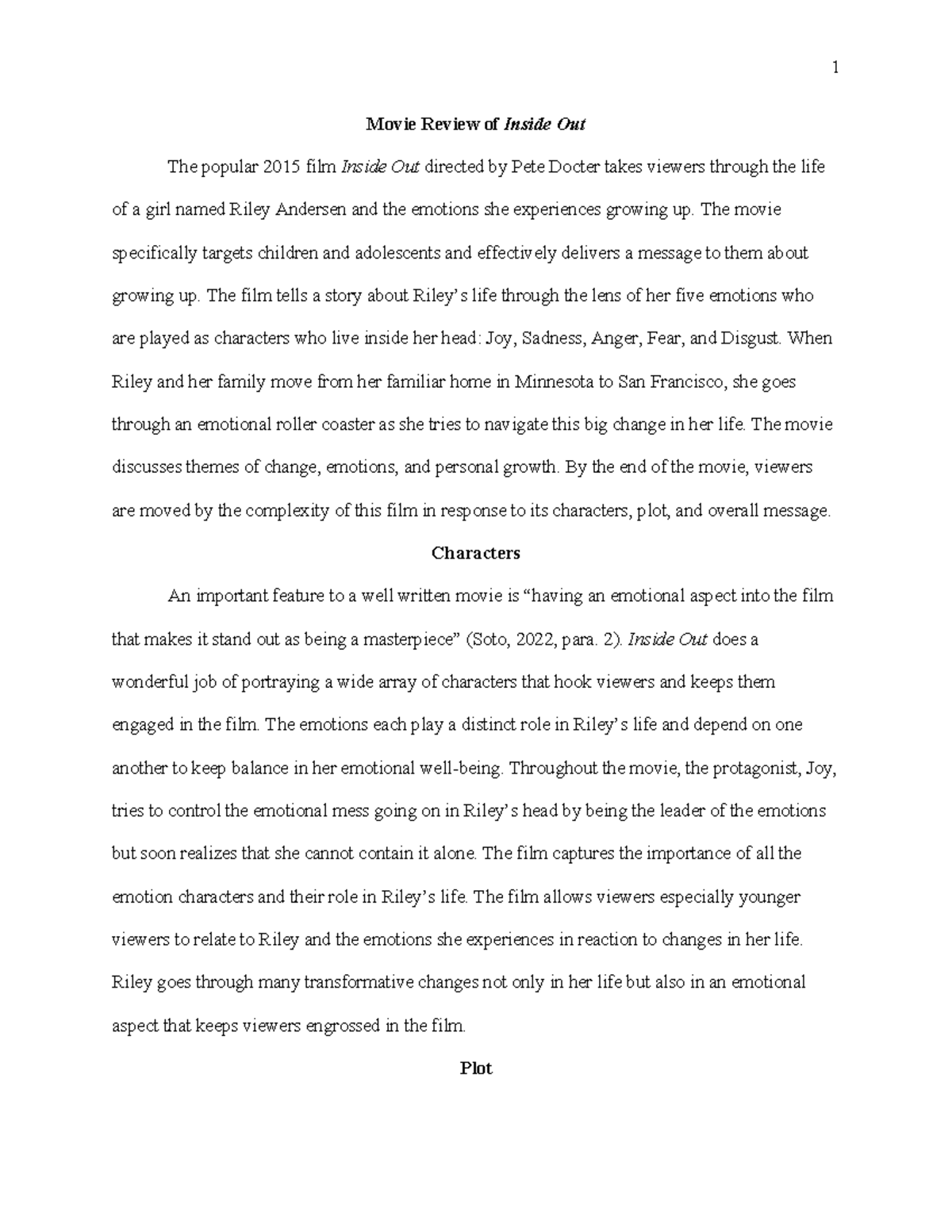 ENG 101: Movie Review Essay on "Inside Out" (2015) Analysis - Studocu