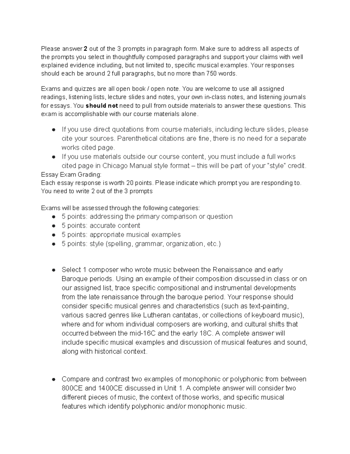 MUS 301 - Essay Exam Prompts and Guidelines for Responses - Studocu
