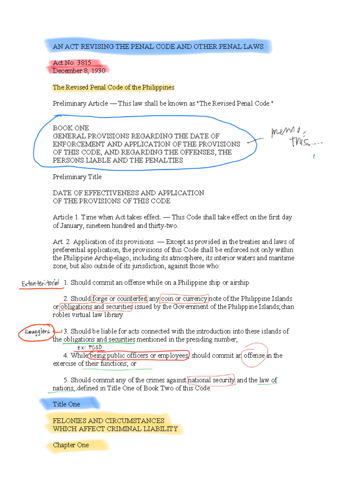 THE Revised Penal CODE - class notes - AN ACT REVISING THE PENAL CODE ...