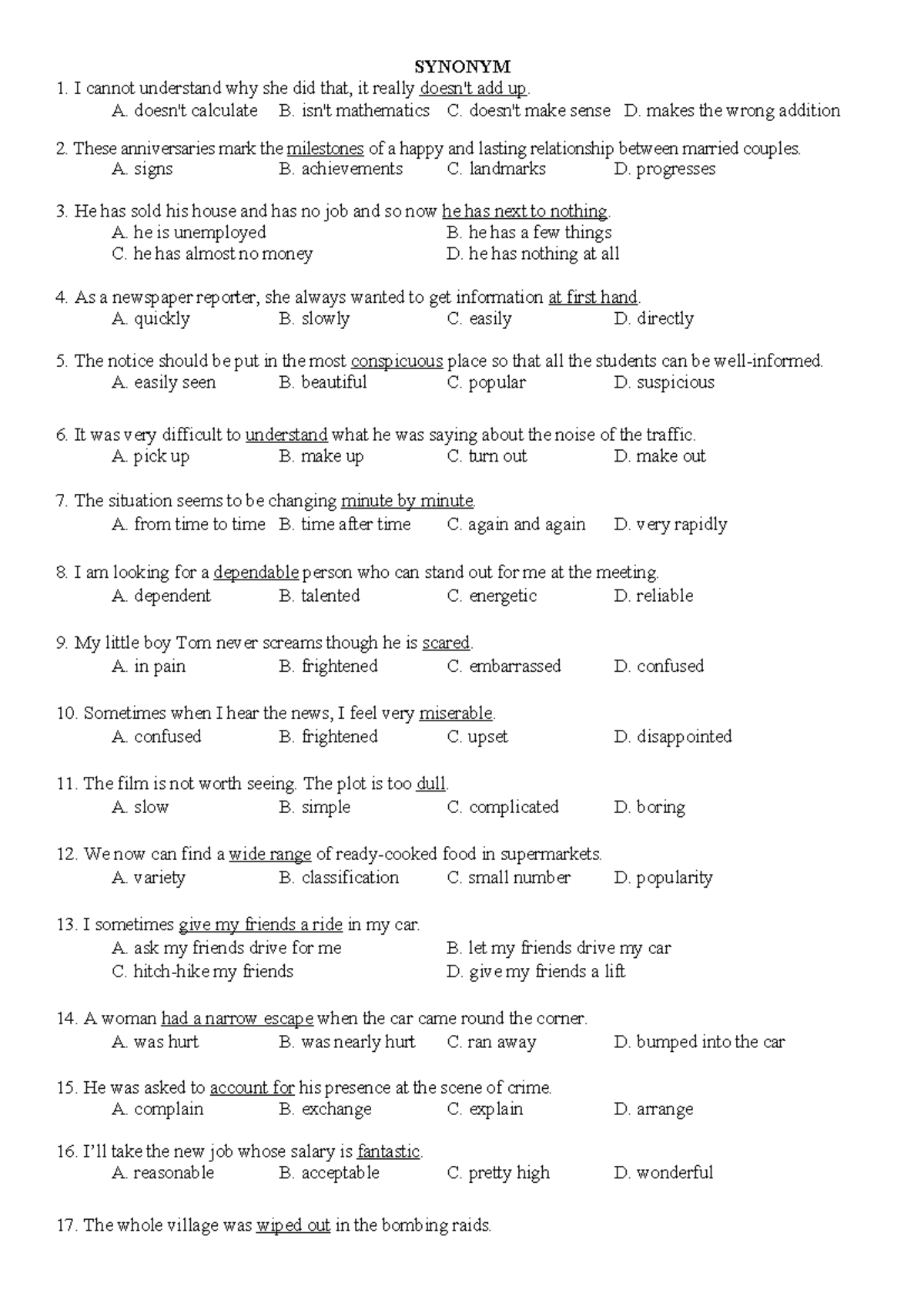 SYNONYM Practice Questions for English Language Learners - Studocu