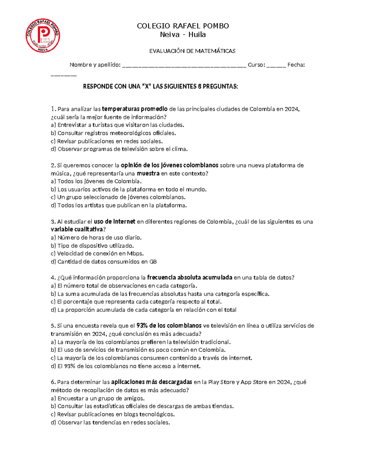 Taller de Recuperación en Estadística - COLEGIO RAFAEL POMBO - Studocu