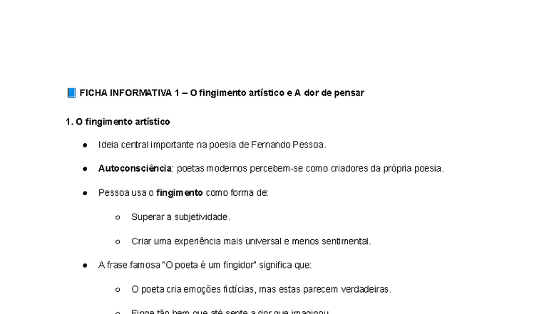 FICHA INFORMATIVA 1: O Fingimento Artístico e A Dor de Pensar - Studocu