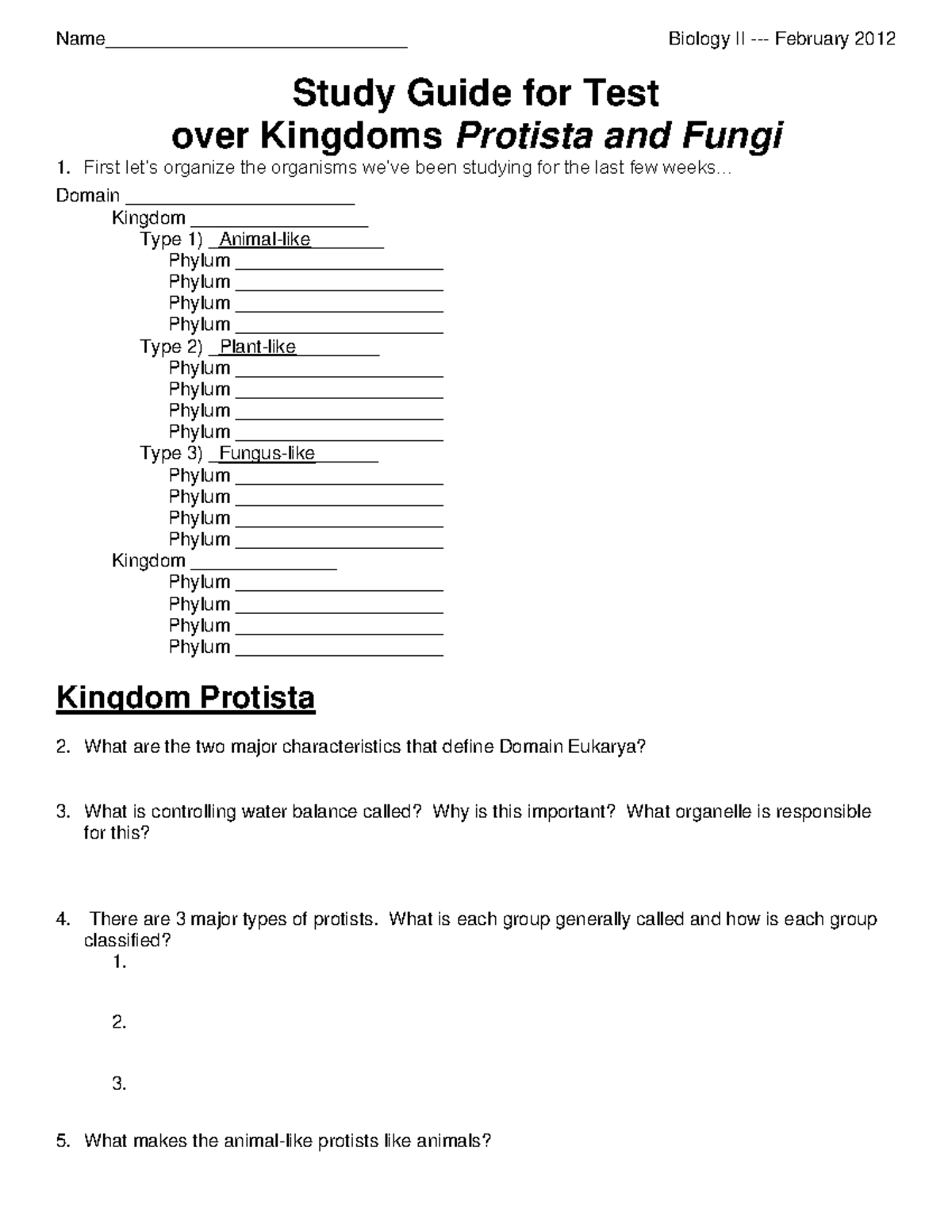 Biology II Study Guide: Test on Kingdoms Protista & Fungi (Feb 2012 ...