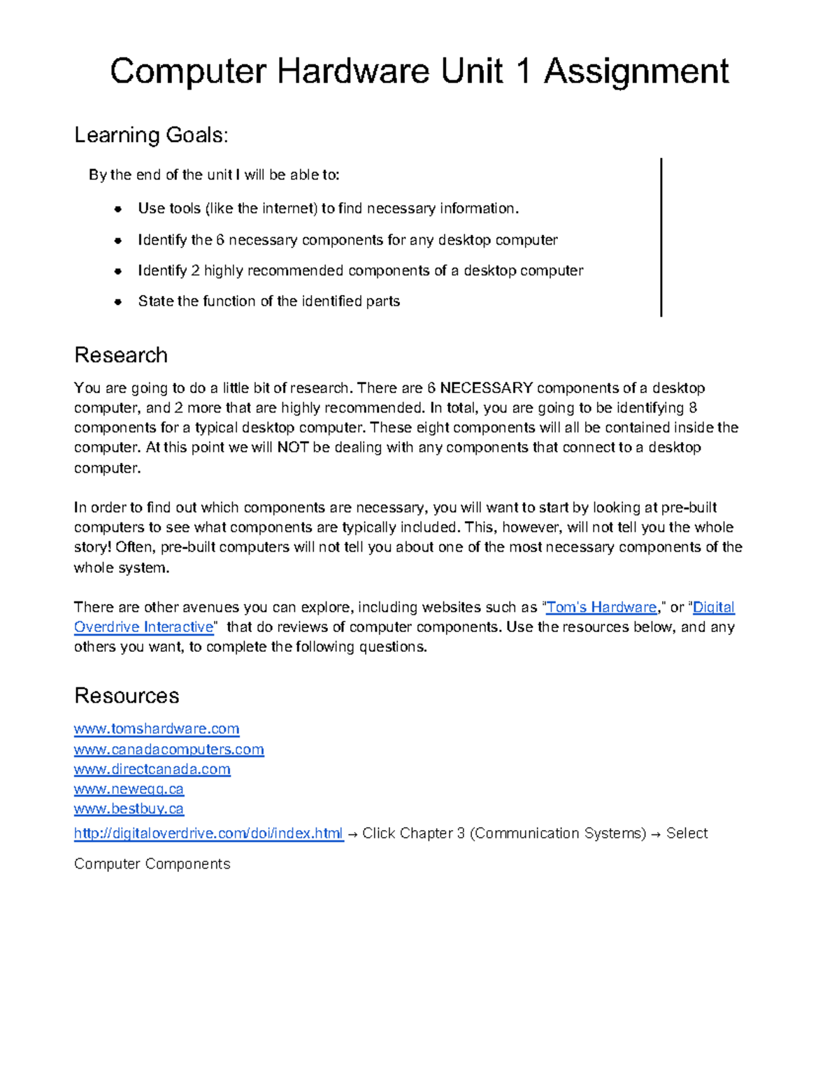 Computer Hardware Assignment - Computer Hardware Unit 1 Assignment ...