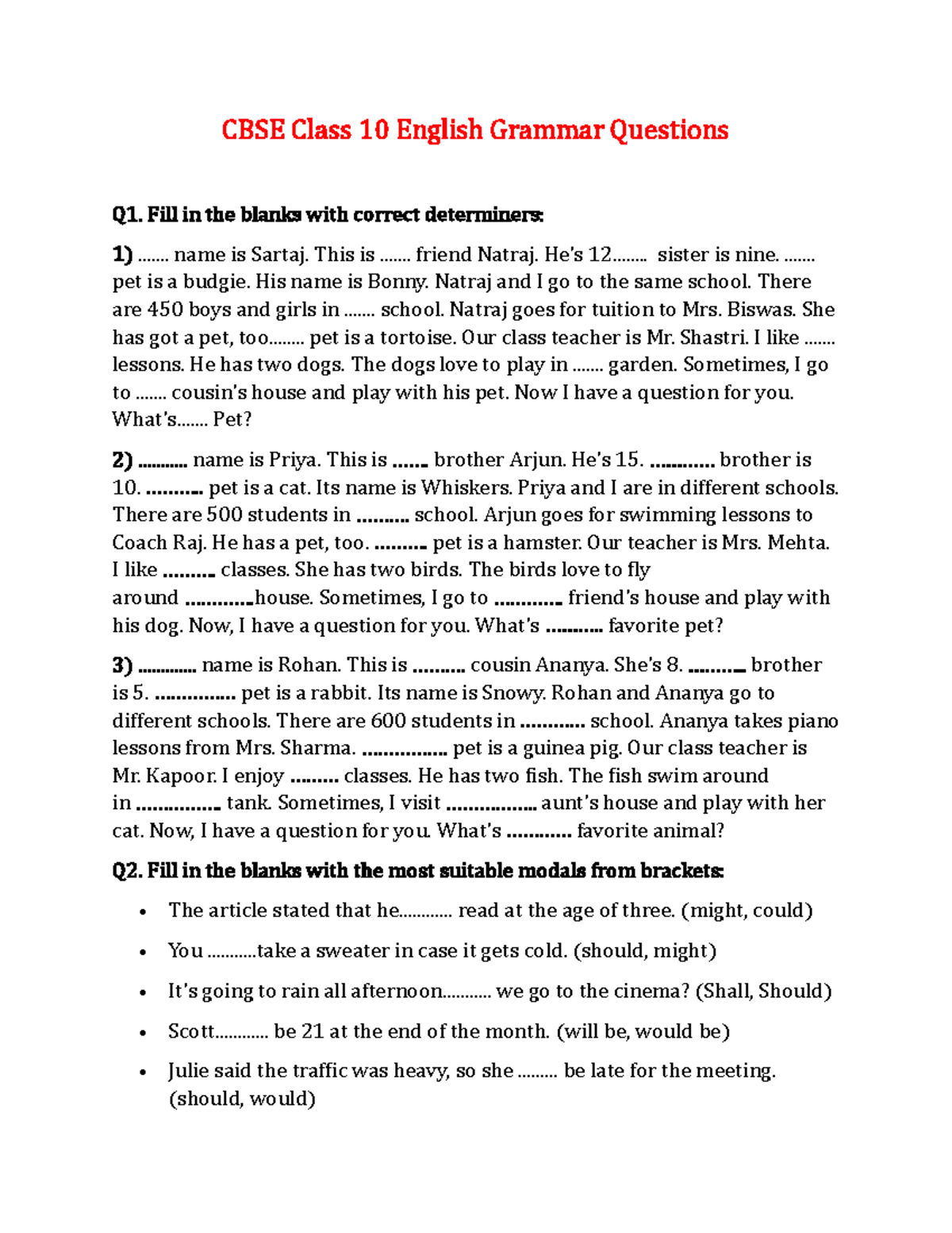 CBSE Class 10 English Grammar: Determiners & Modals Practice - Studocu