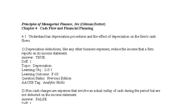 Managerial Finance 14e: Chapter 4 MCQs on Cash Flow & Depreciation ...