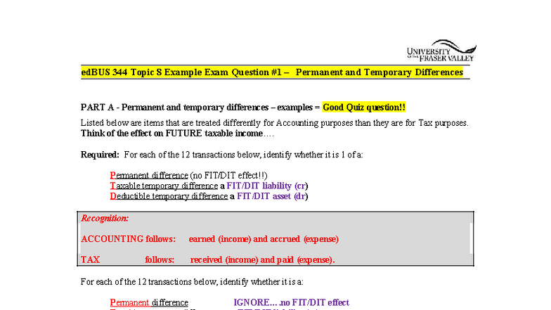 BUS 344 Topic 8 Example Exam Questions on Permanent & Temporary ...