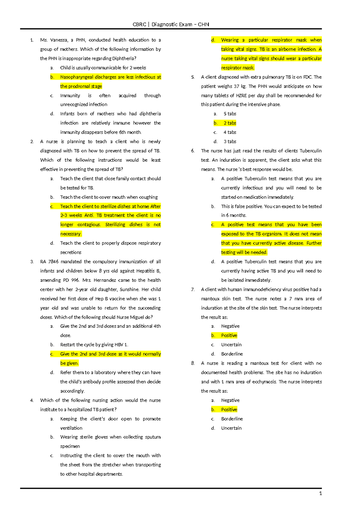CBRC Diagnostic Exam CHN 1: Vital Signs, TB, and Immunization Insights ...