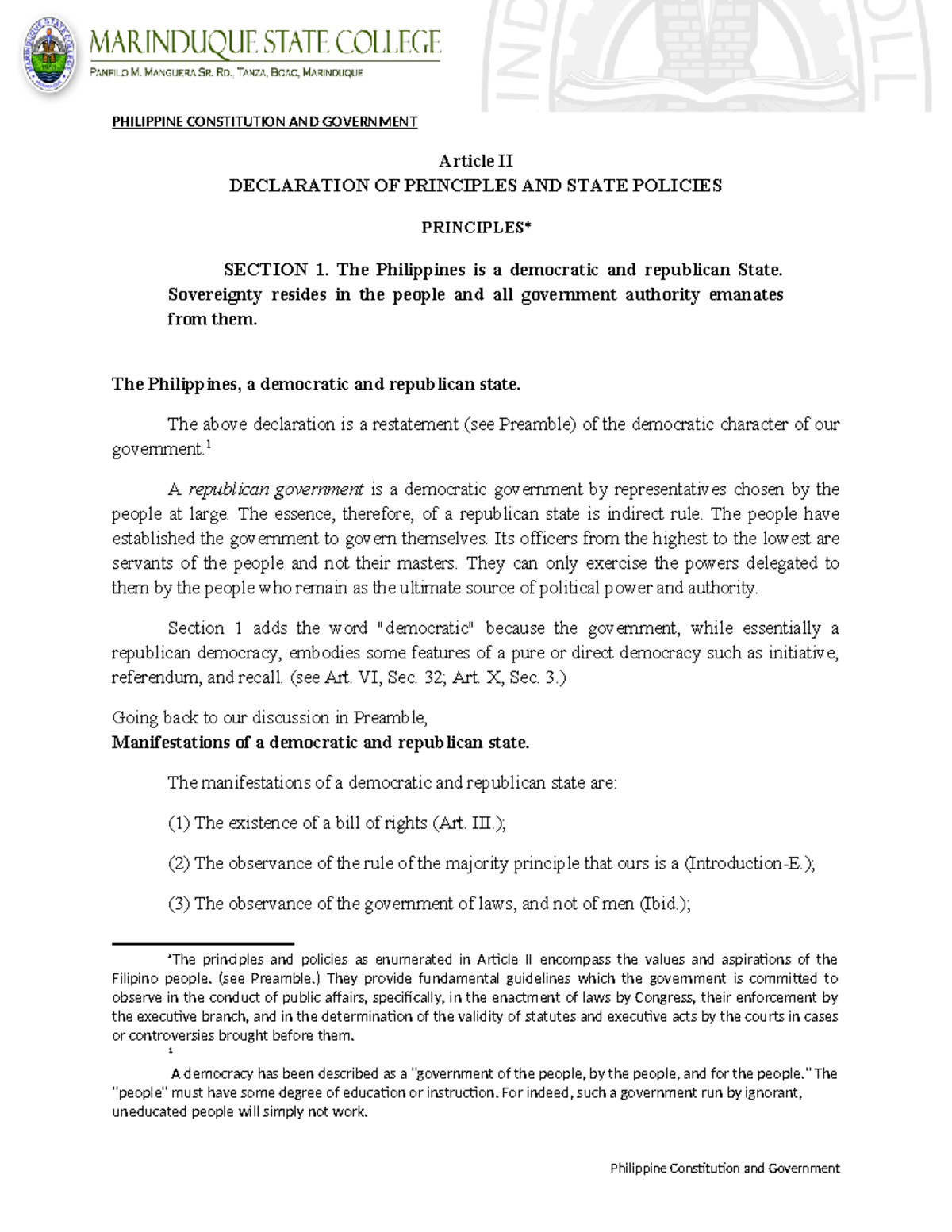 Philippine Constitution and Government: Article II Overview and ...