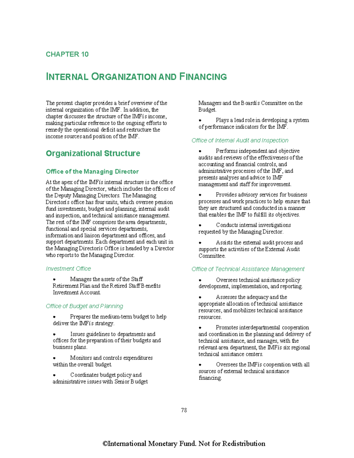 CHAPTER 10: INTERNAL ORG & FINANCING OF THE IMF - Overview & Structure ...