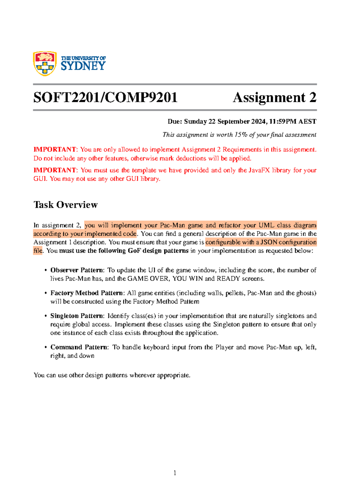 SOFT2201 - Assignment 2-1 - Due: Sunday 22 September 2024, 11:59PM AEST ...