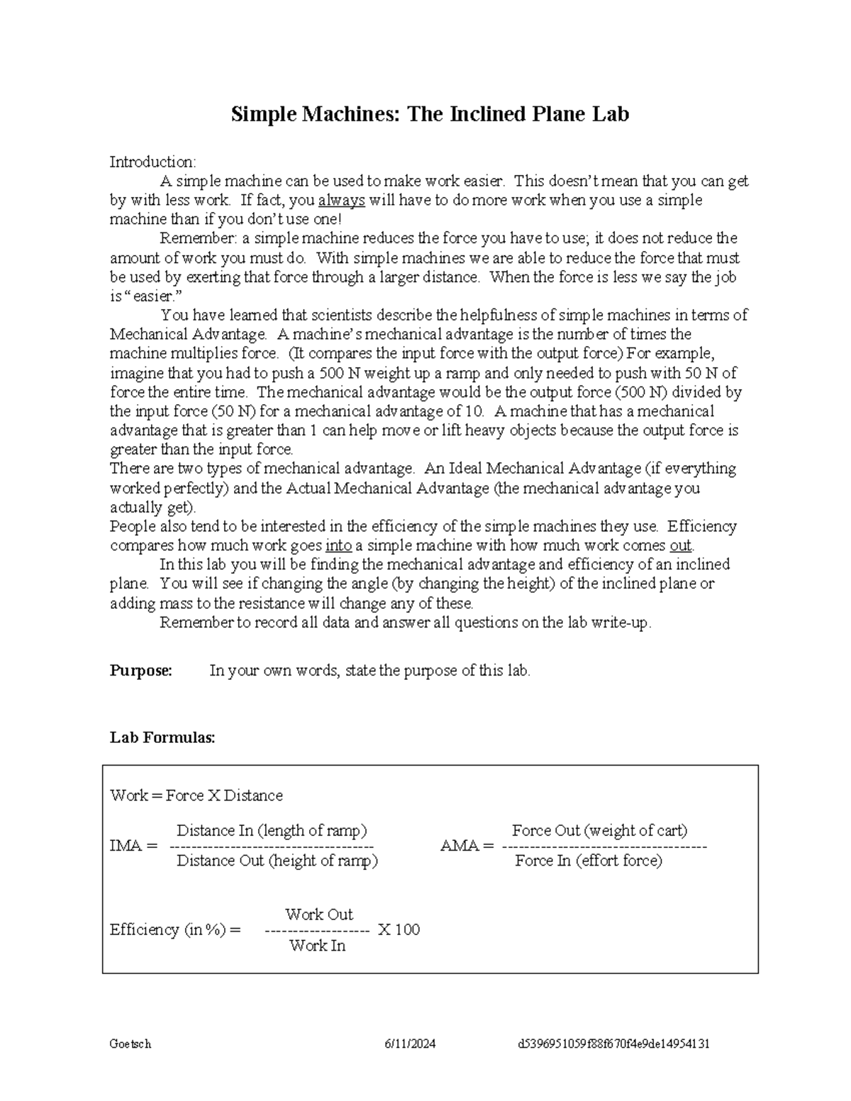 Simple Machines Lab: Inclined Plane - Mechanical Advantage & Efficiency ...