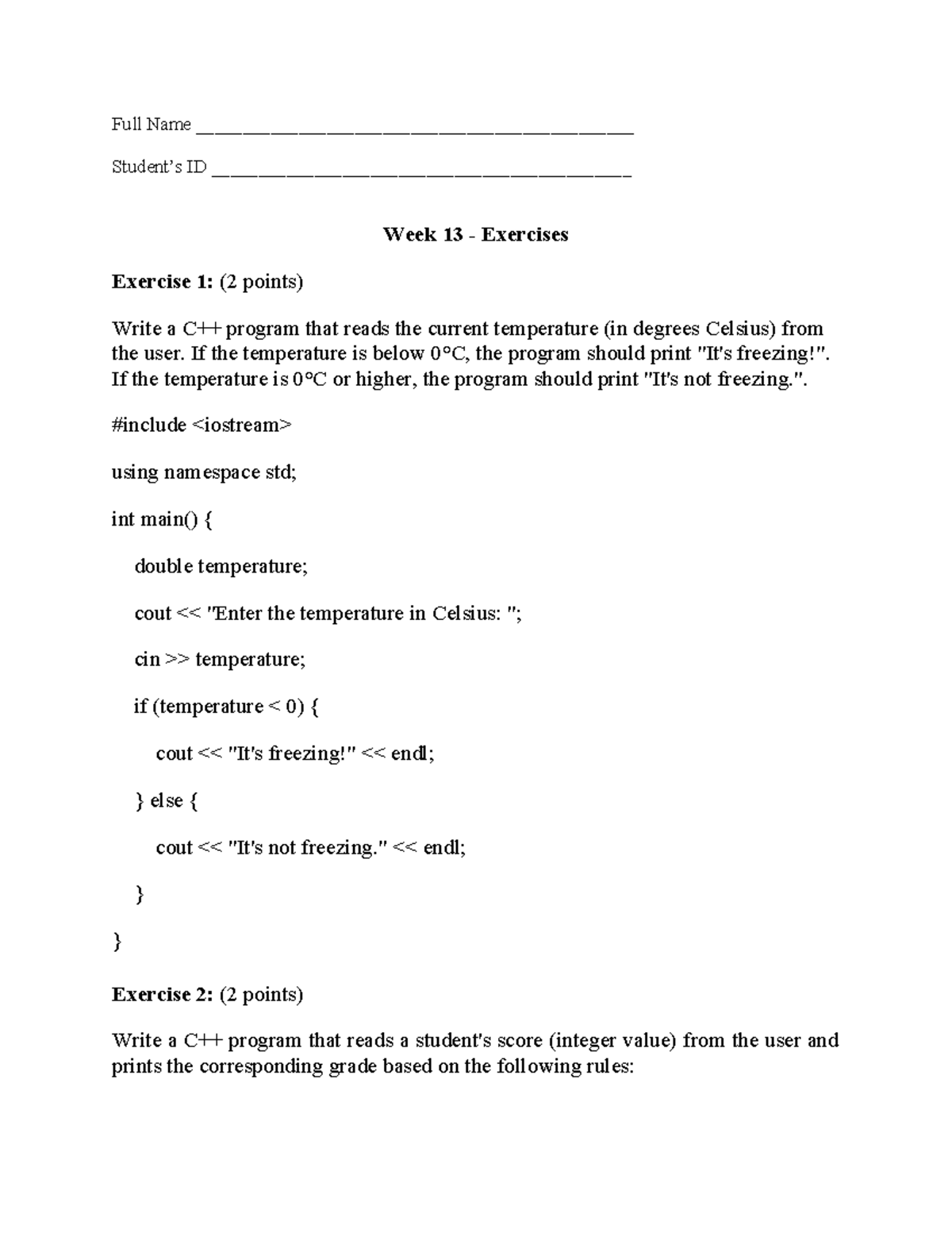 CS101 Week 13 Practice Exercises: Temperature, Grades, Passwords & Sums - Studocu