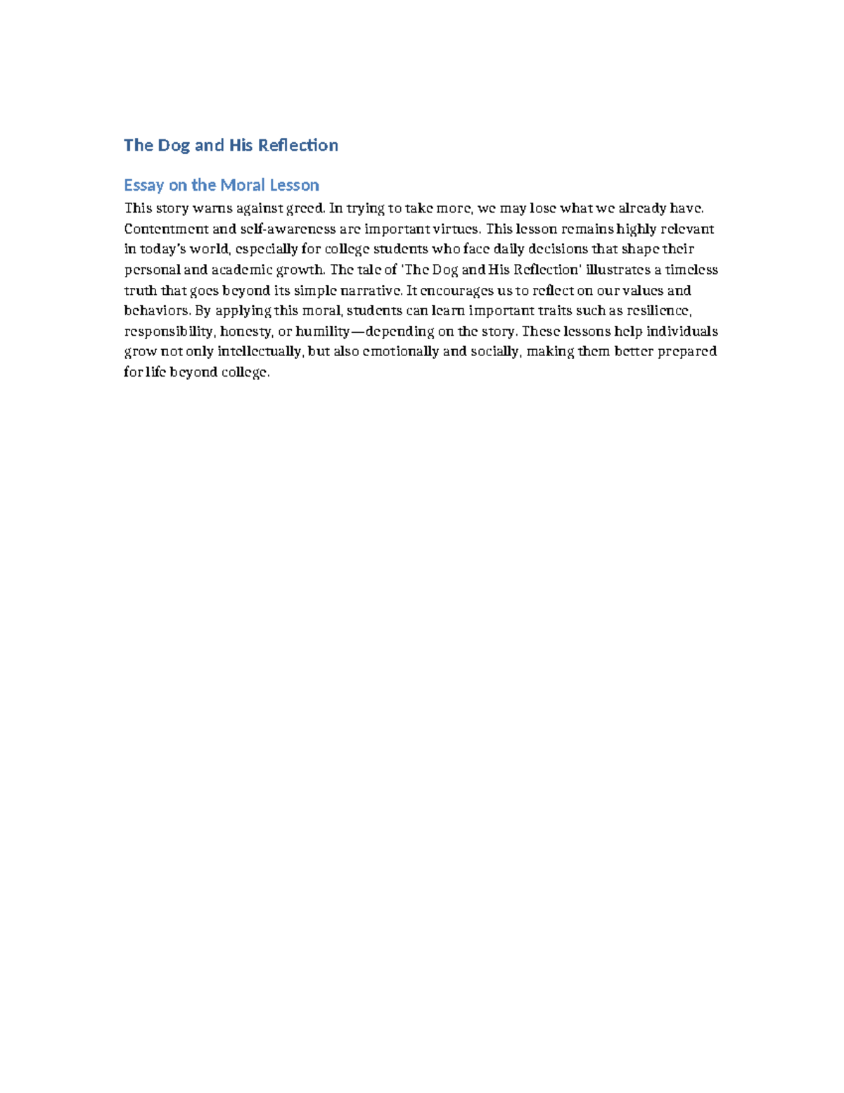 The Dog and His Reflection: Moral Lessons for College Students - Studocu