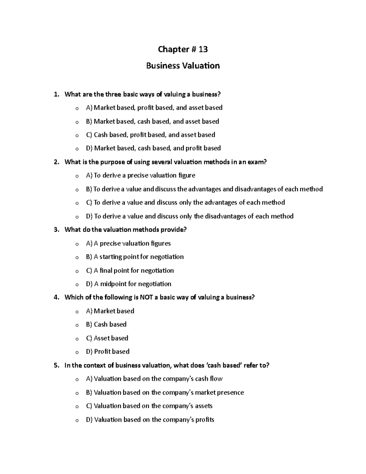 MCQs for Business Valuation - CH 13 Review (Final Exam) - Studocu